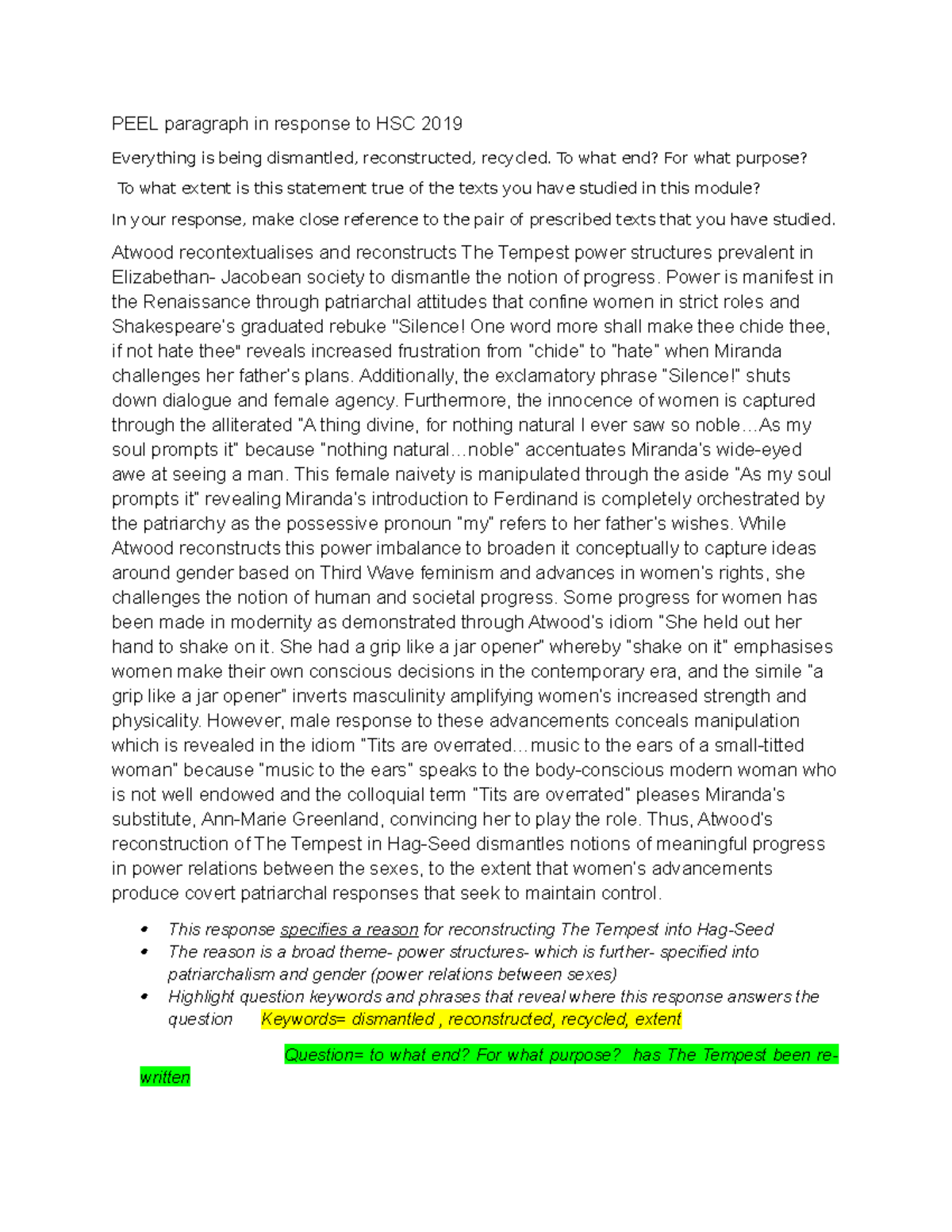 HSC 2019 Essay Notes: PEEL Paragraph on Atwood's Recontextualization of ...