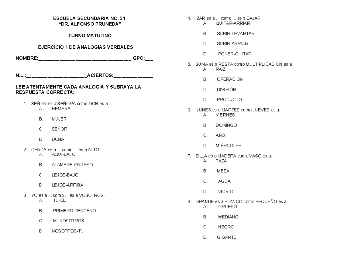 Exam Analogías 1 - Ejercicios de Habilidad Verbal y Respuestas - Studocu