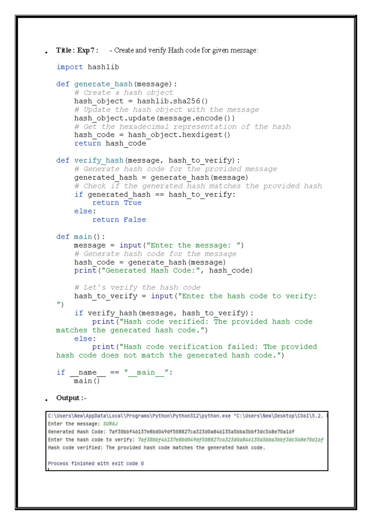 Exp7 NIS - practicle - Title : Exp 7 : - Create and verify Hash code ...