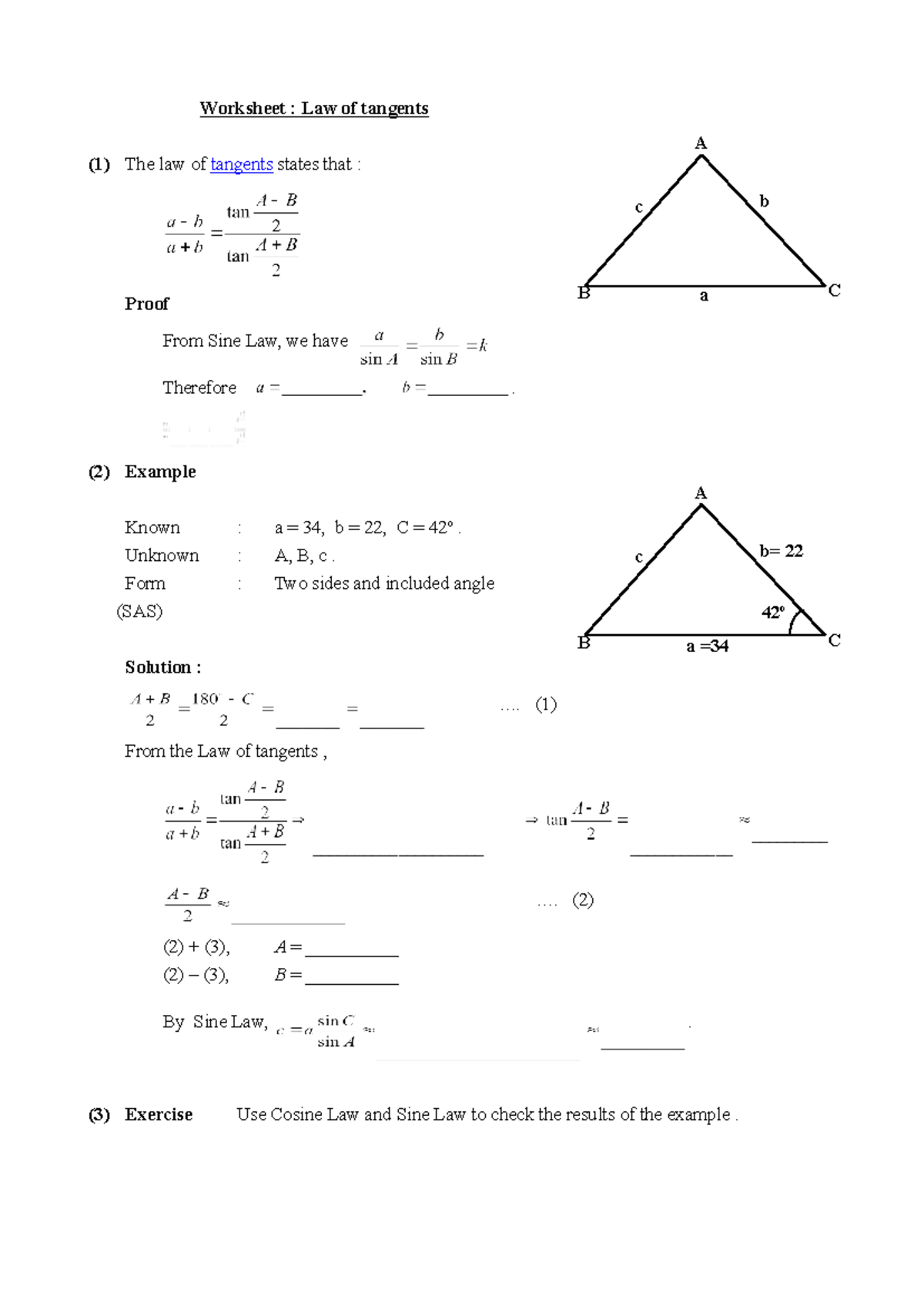 Law of Tangents Worksheet: Understanding SAS Relationships - Studocu