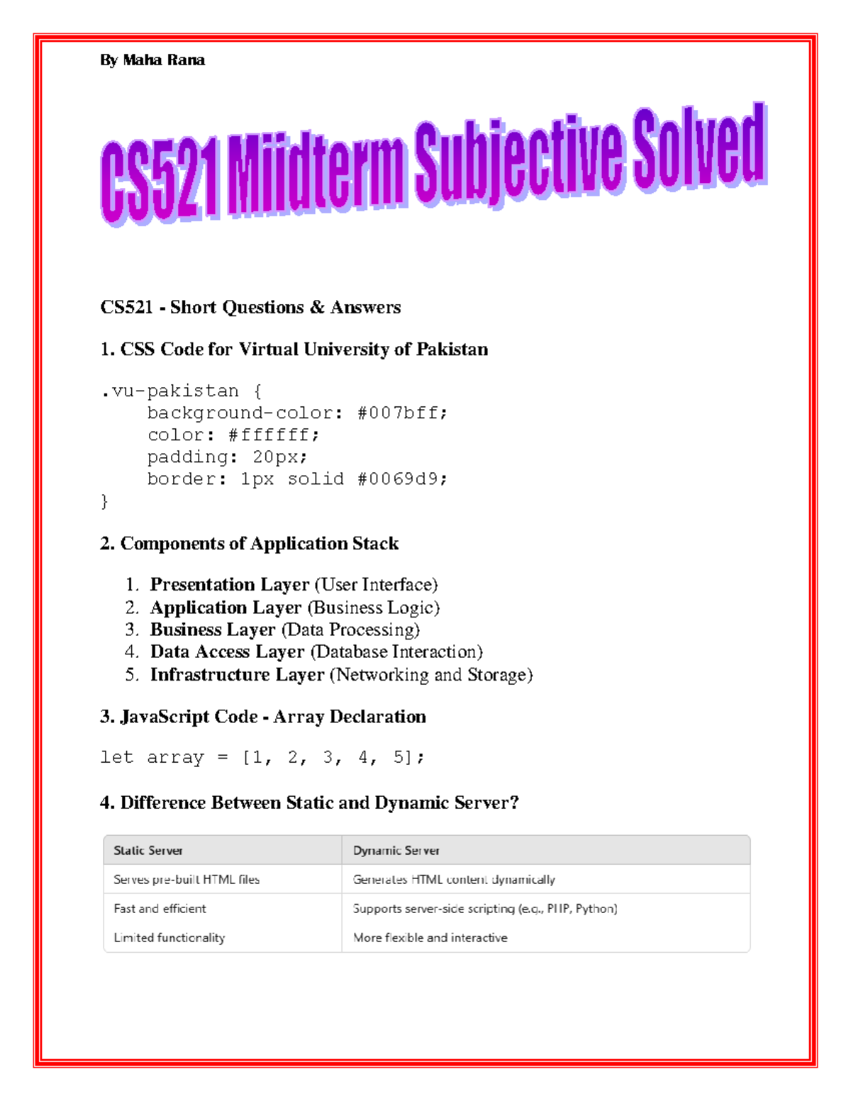 CS521 Midterm Short Questions & Answers by Maha Rana - Studocu