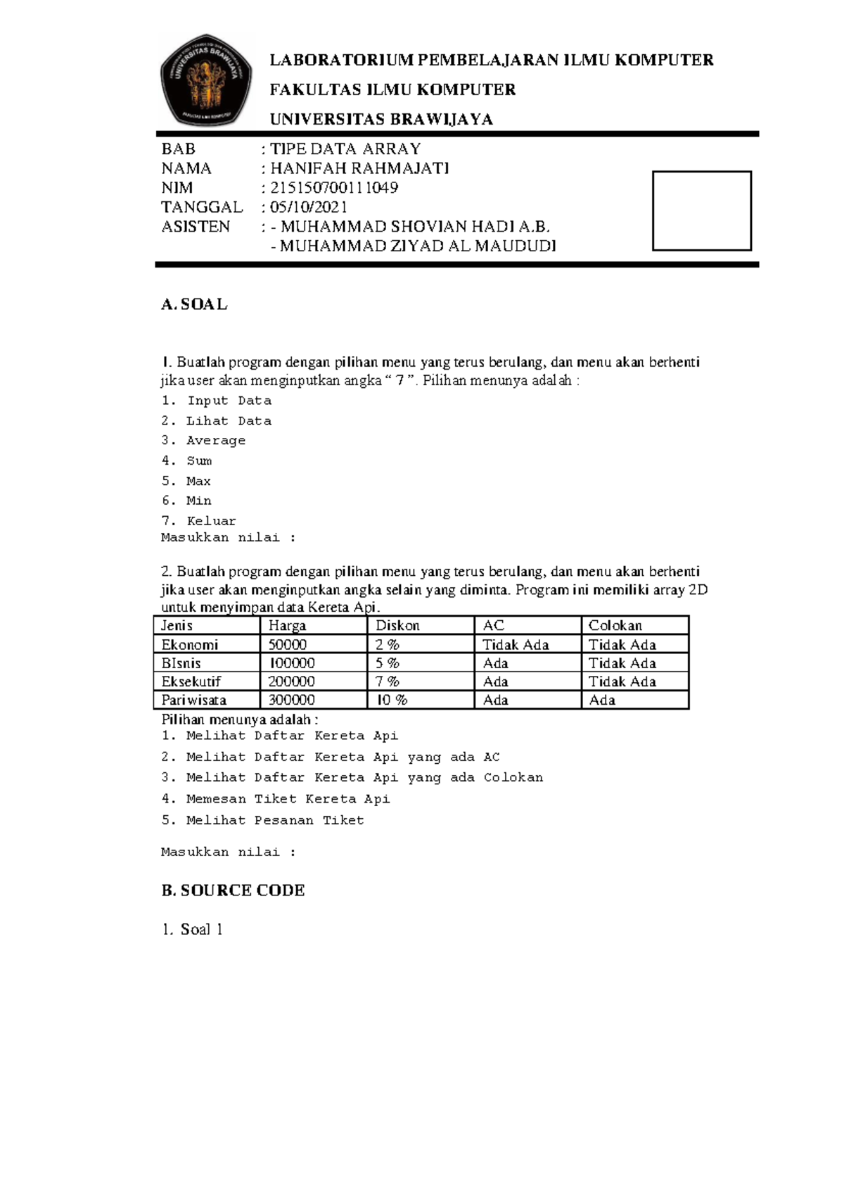 Pemrograman Dasar (Laprak 3) - Praktikum Tipe Data Array - Studocu