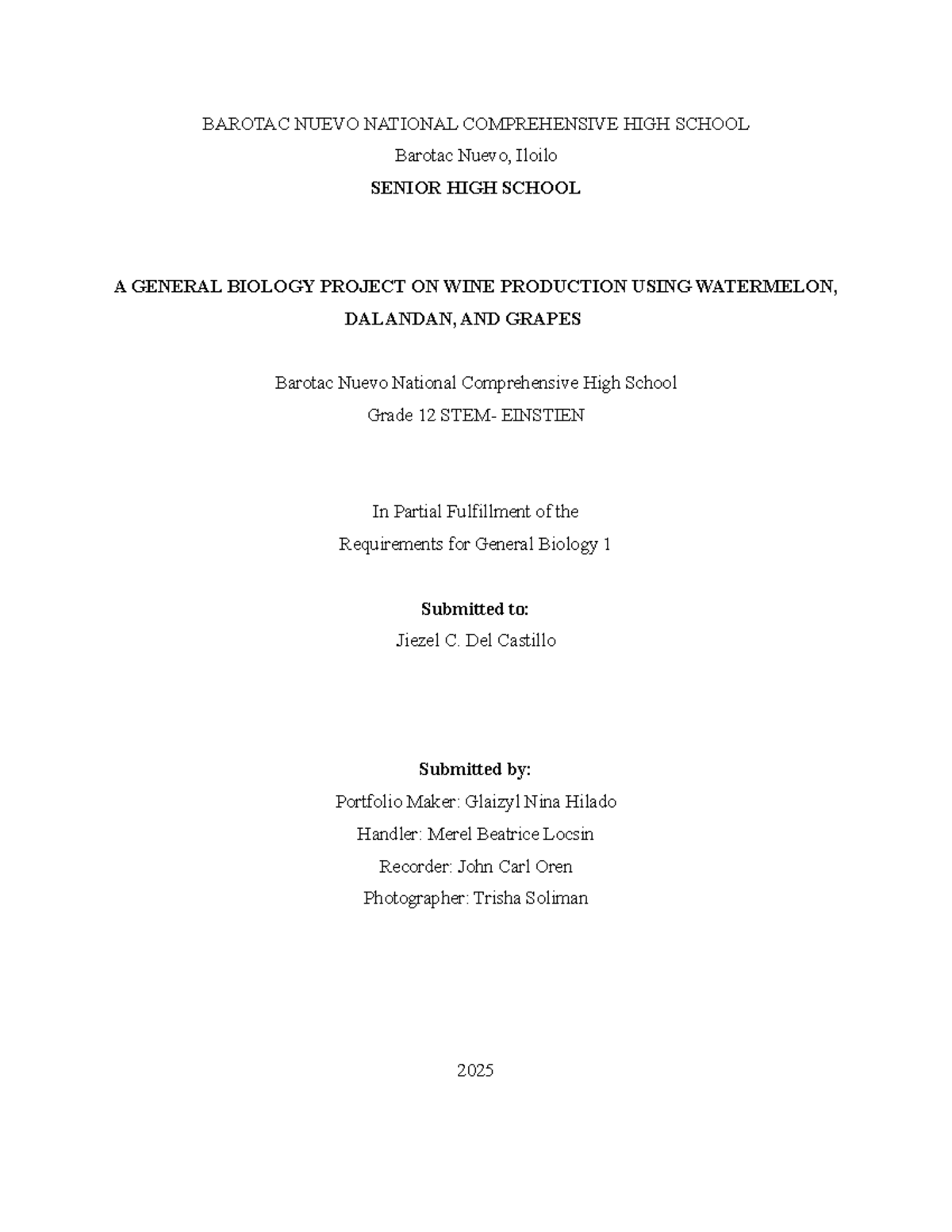 General Biology 1 Project: Wine Production from Fruits (Grade 12) - Studocu