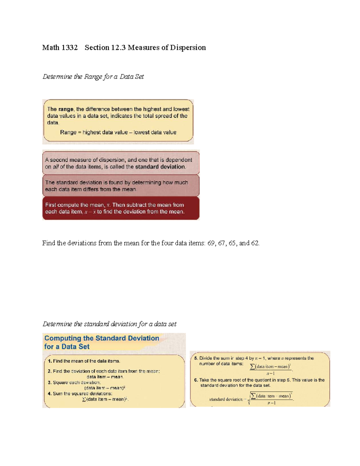 Math 1332: Section 12.3 - Measures of Dispersion and Standard Deviation ...