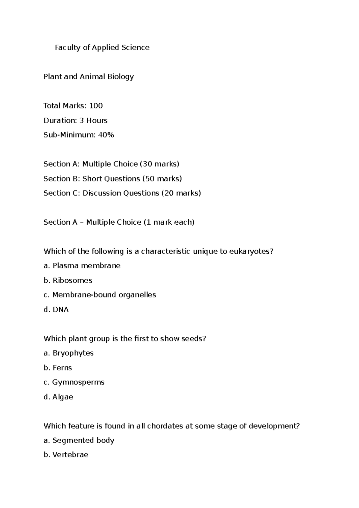 Applied Science Plant and Animal Biology Midterm Exam Review - Studocu