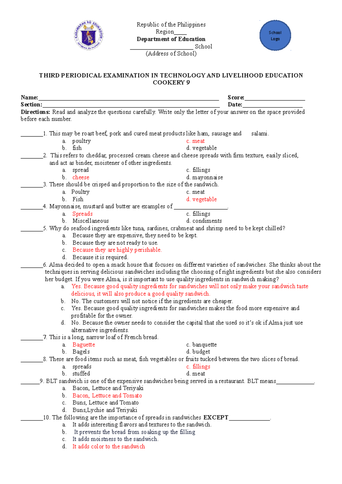 Cookery 9 EXAM - Republic of the Philippines Region____ Department of ...