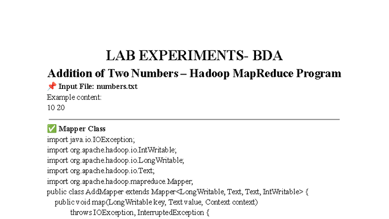 BDA Lab: Addition & Multiplication with Hadoop MapReduce - Studocu