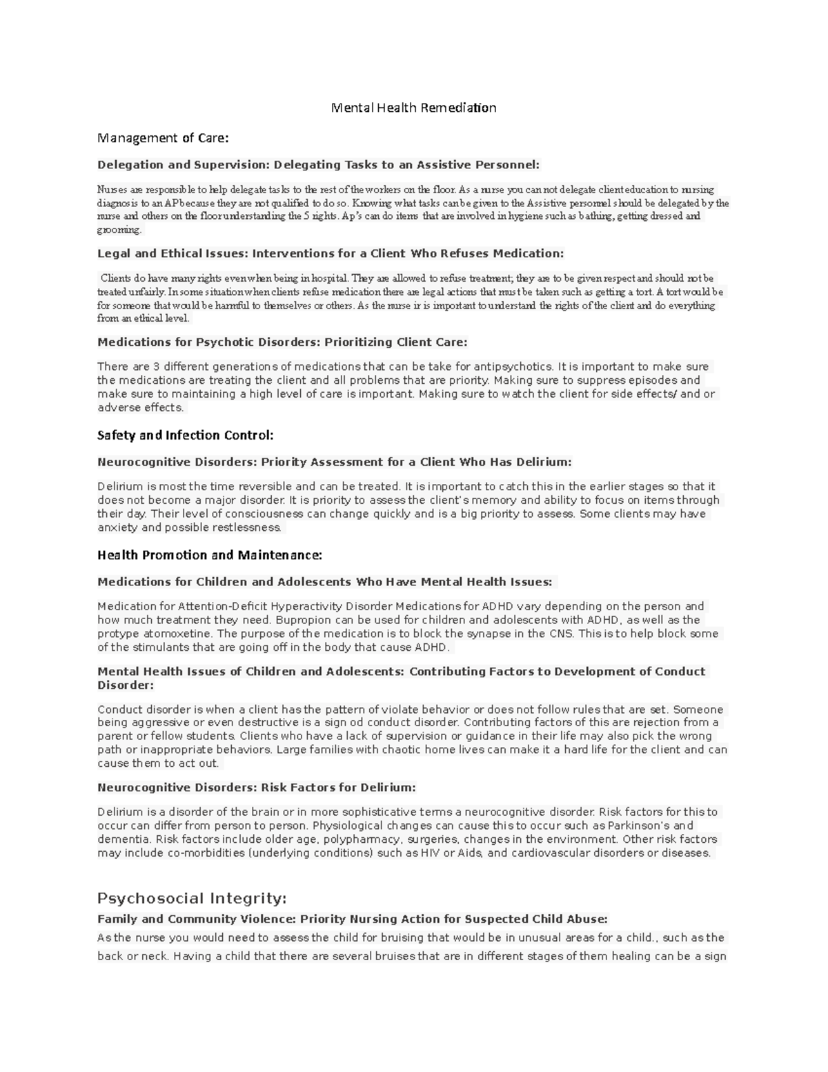 Mental Health Nursing (MN 101): Remediation & Client Care Strategies ...