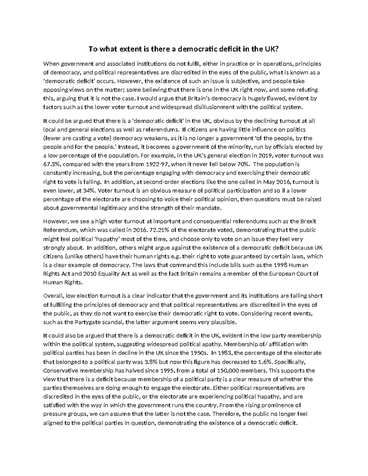 Democratic Deficit in the UK: Analysis for Politics Essay (POL101 ...