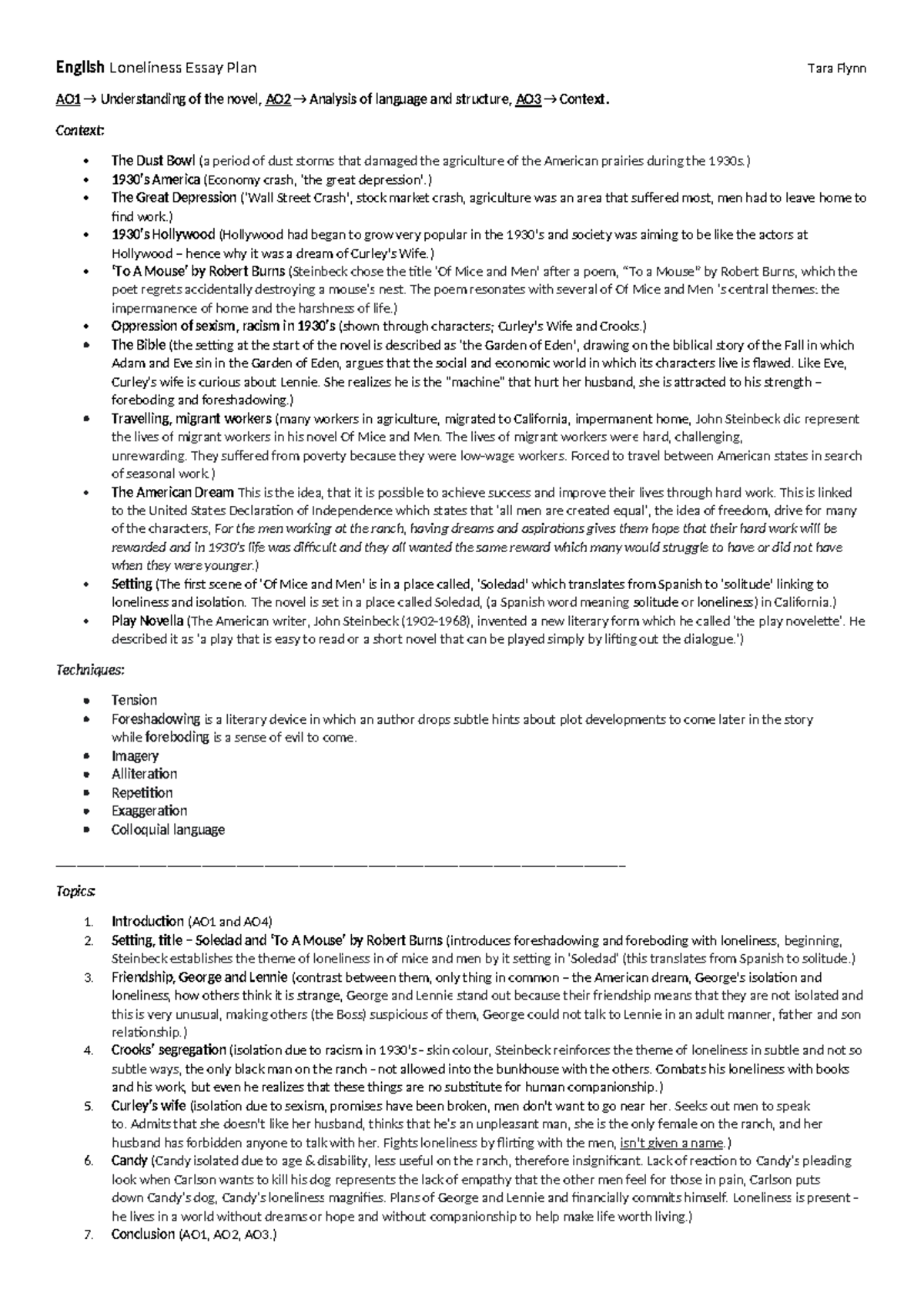 English Essay Plan: Exploring Loneliness in Of Mice and Men (AO1, AO2 ...