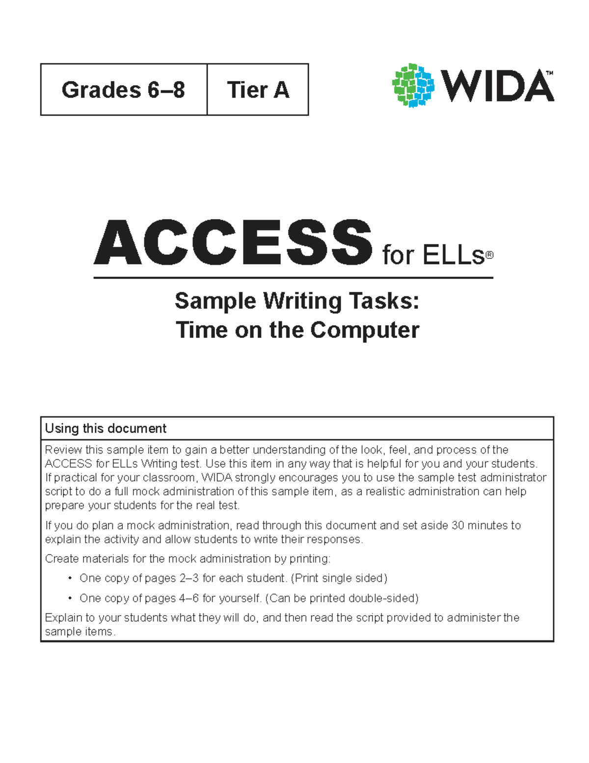 Grades Tier A ACCESS for ELLs Writing Sample Tasks and Guidelines - Studocu