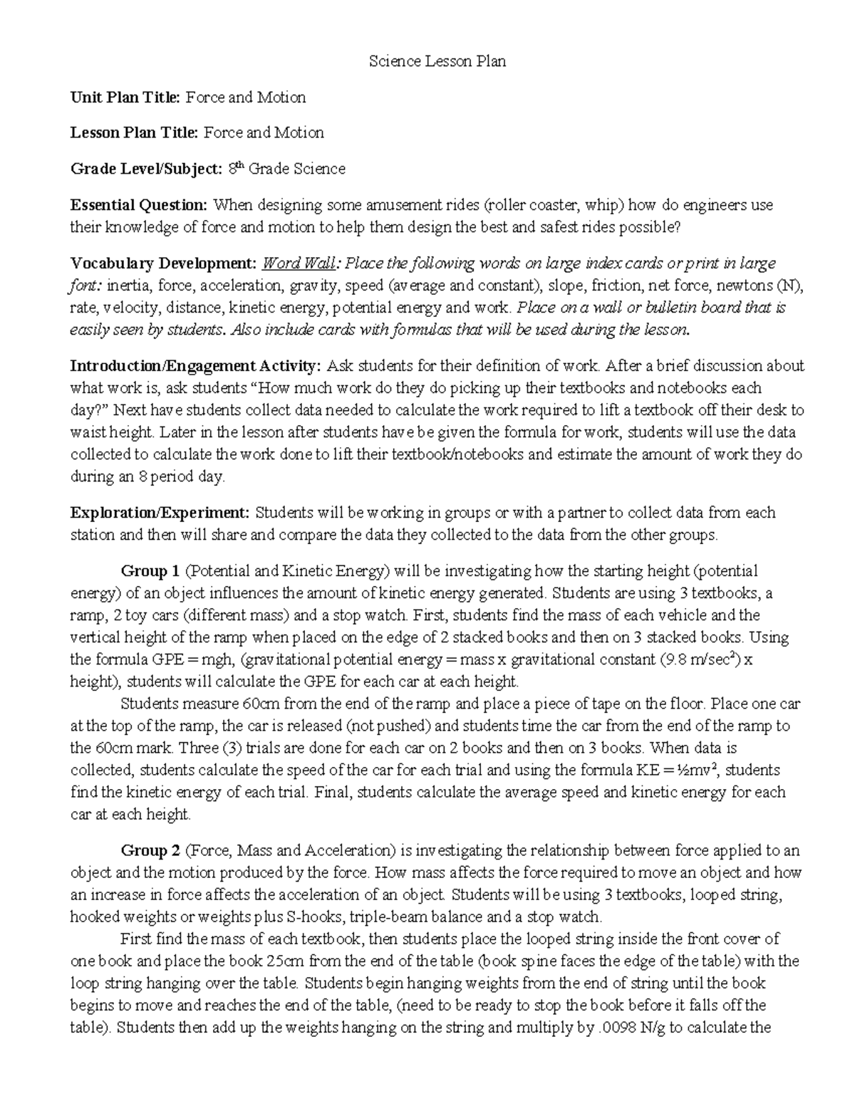 DLP 8th Grade Science: Kinetic and Potential Energy Lesson Plan - Studocu