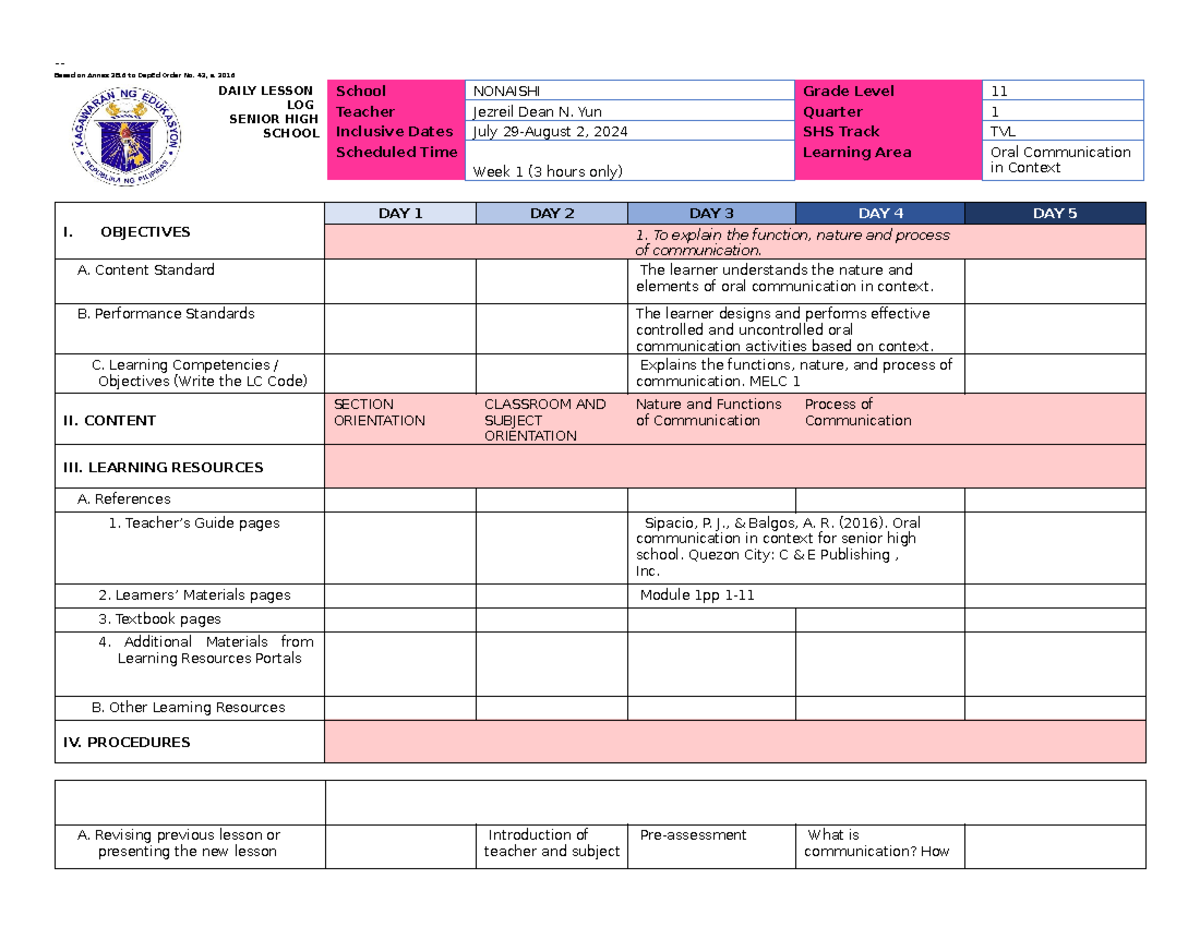 DLL Q1 Week 1 Daily Lesson Log: Nature & Process of Communication - Studocu
