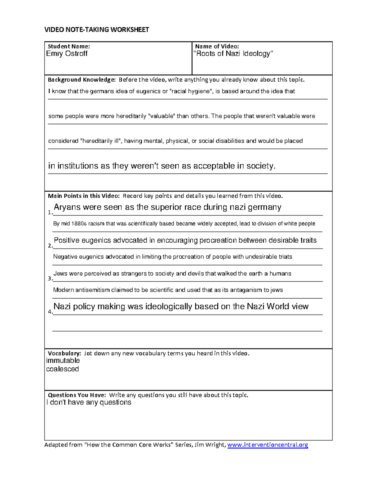 Video Note Taking Worksheet - VIDEO NOTE‐TAKING WORKSHEET Student Name ...