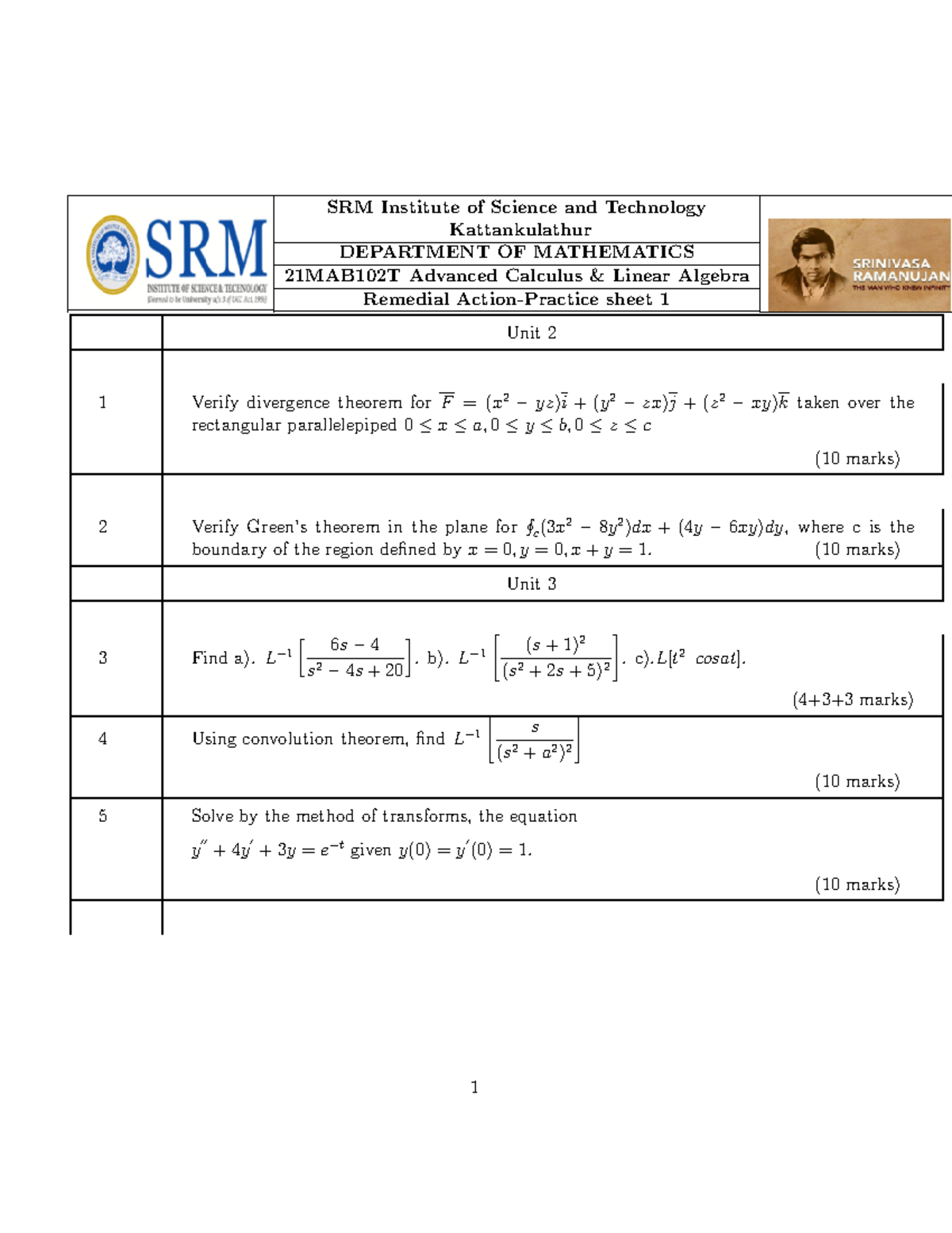 21MAB102T Advanced Calculus Remedial Action Practice Sheet 1 - Studocu