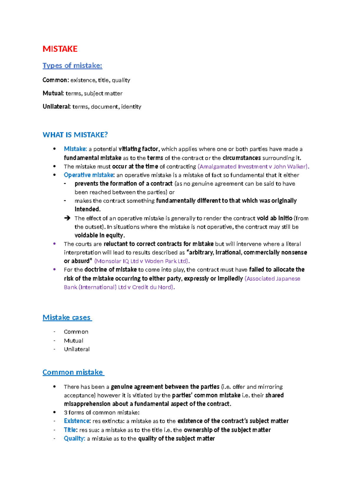 Mistake Notes and Types: Common, Mutual, Unilateral - Legal Overview ...