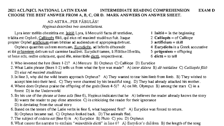 Latin IV H NLE Reading - dnjsic fioss vnhfo [HVDISO - 18. 2021 ACL/NJCL ...