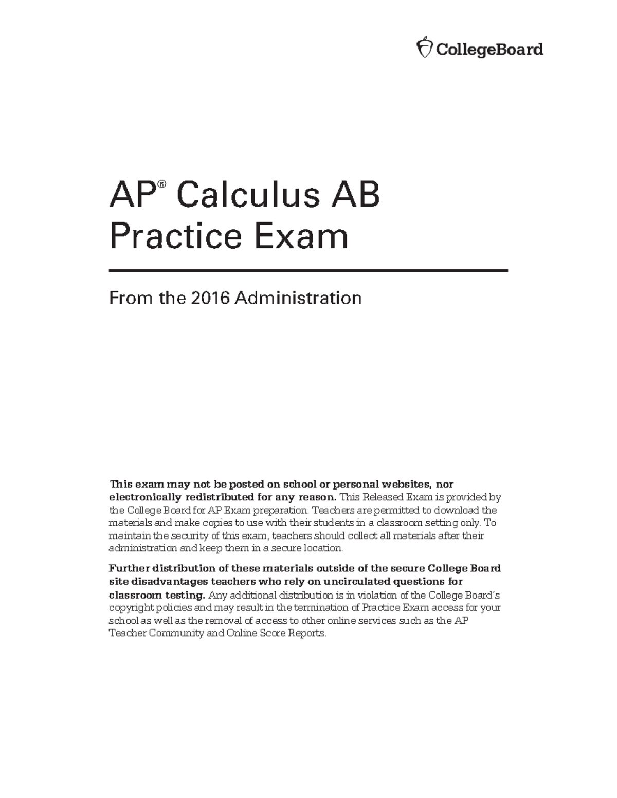 2016 AP Calculus AB Practice Exam MCQ Multiple Choice Questions with ...
