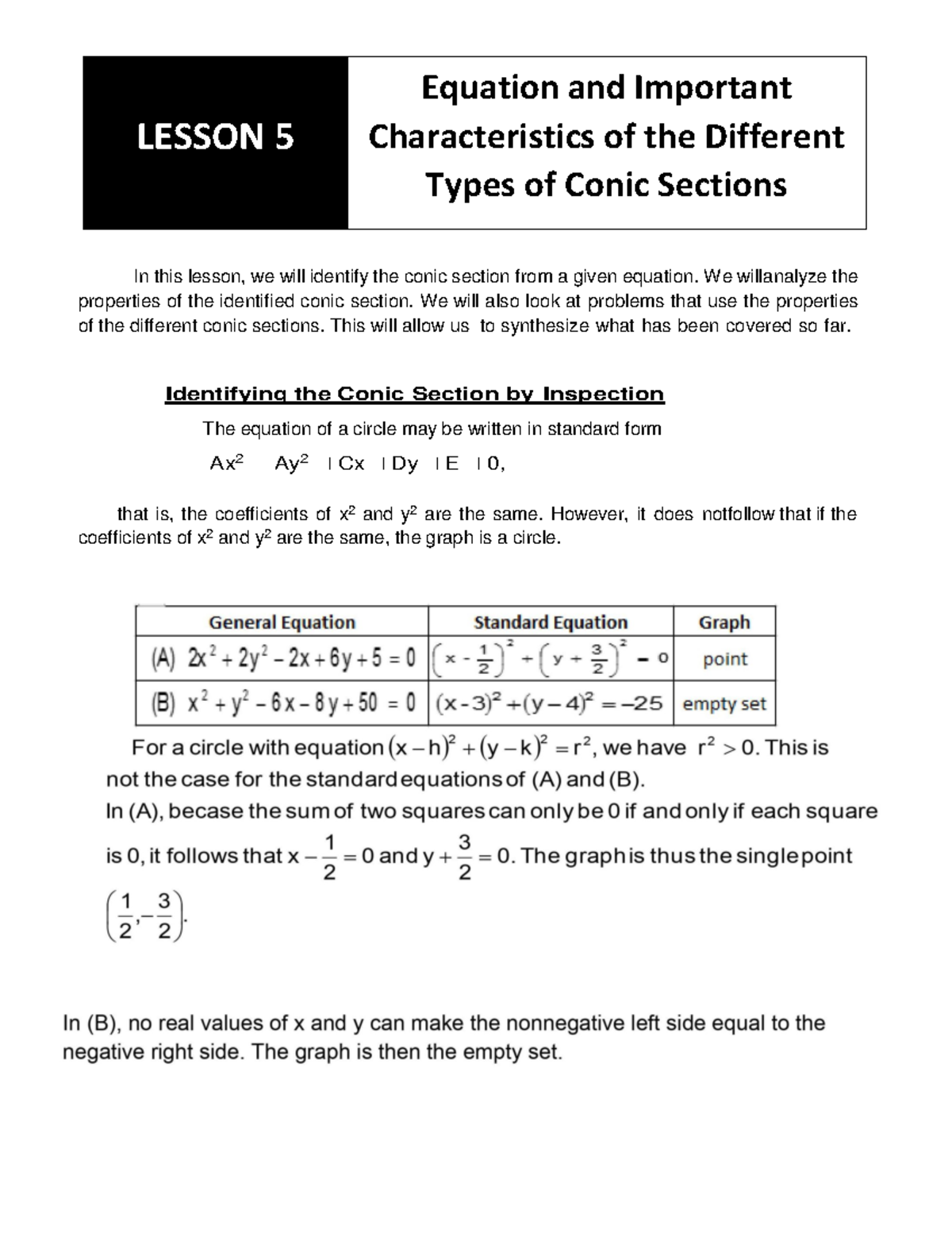 Precalculus Lesson 5 - In this lesson, we will identify the conic ...