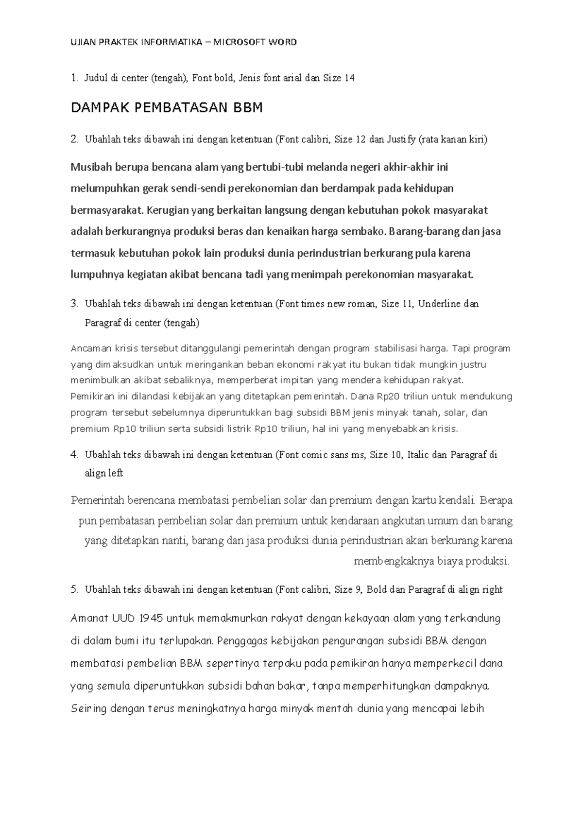 Ujian Praktek MS Word - Mengubah Teks dan Format (Informatika) - Studocu