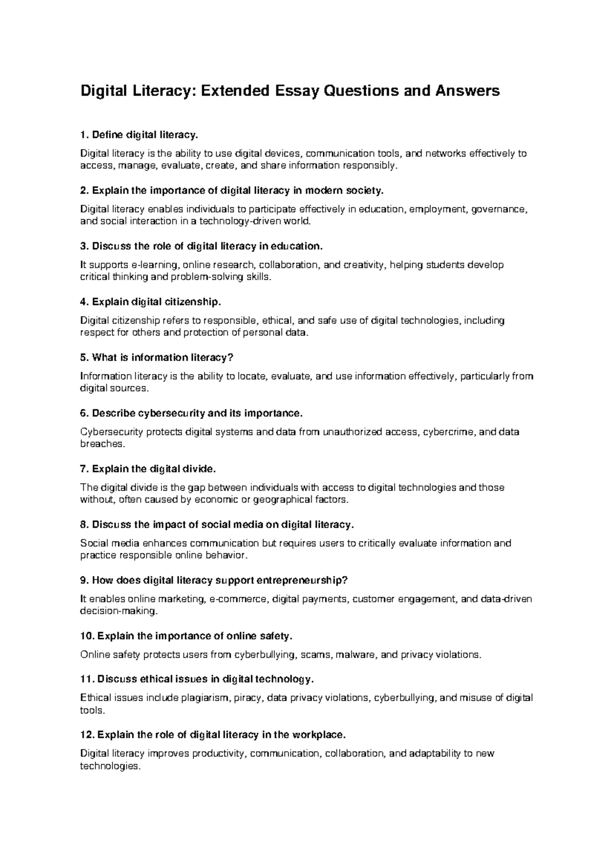 DIG 101: Extended Essay Q&A on Digital Literacy Concepts - Studocu