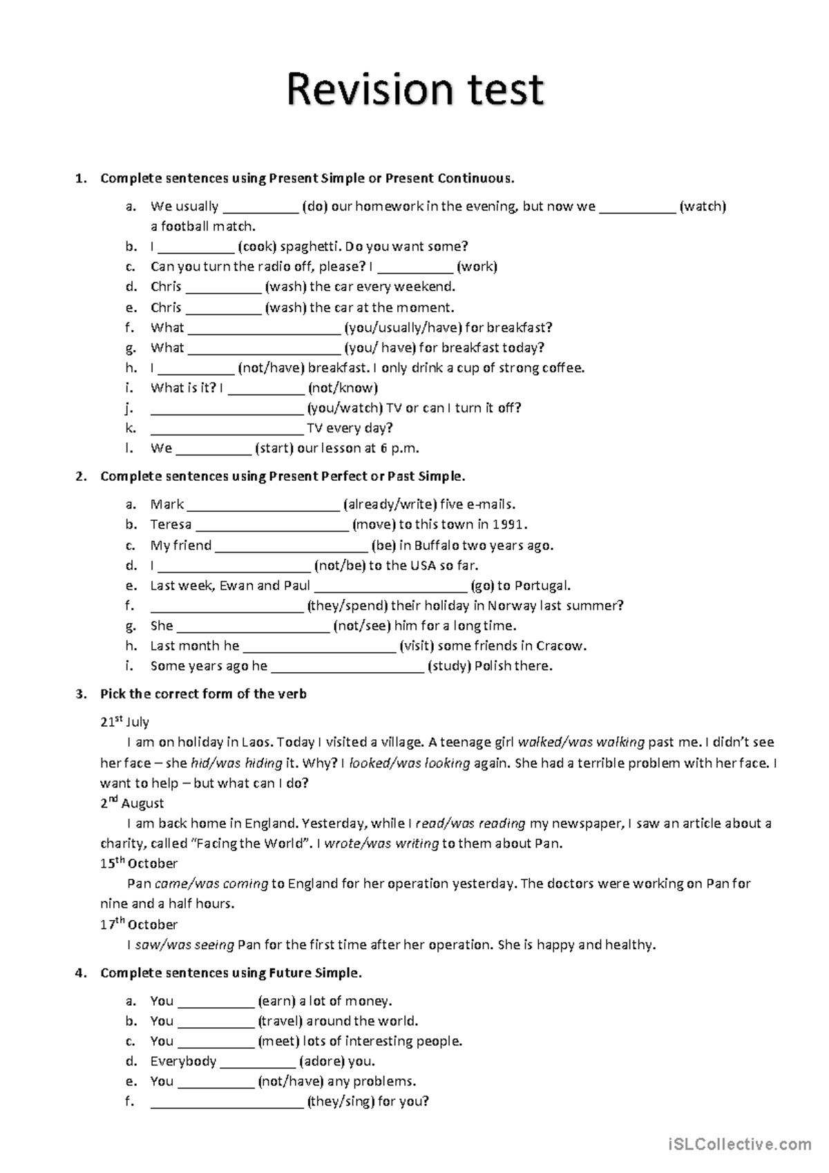 Revision Test 1: Present Simple, Continuous, Perfect & Future Tenses ...