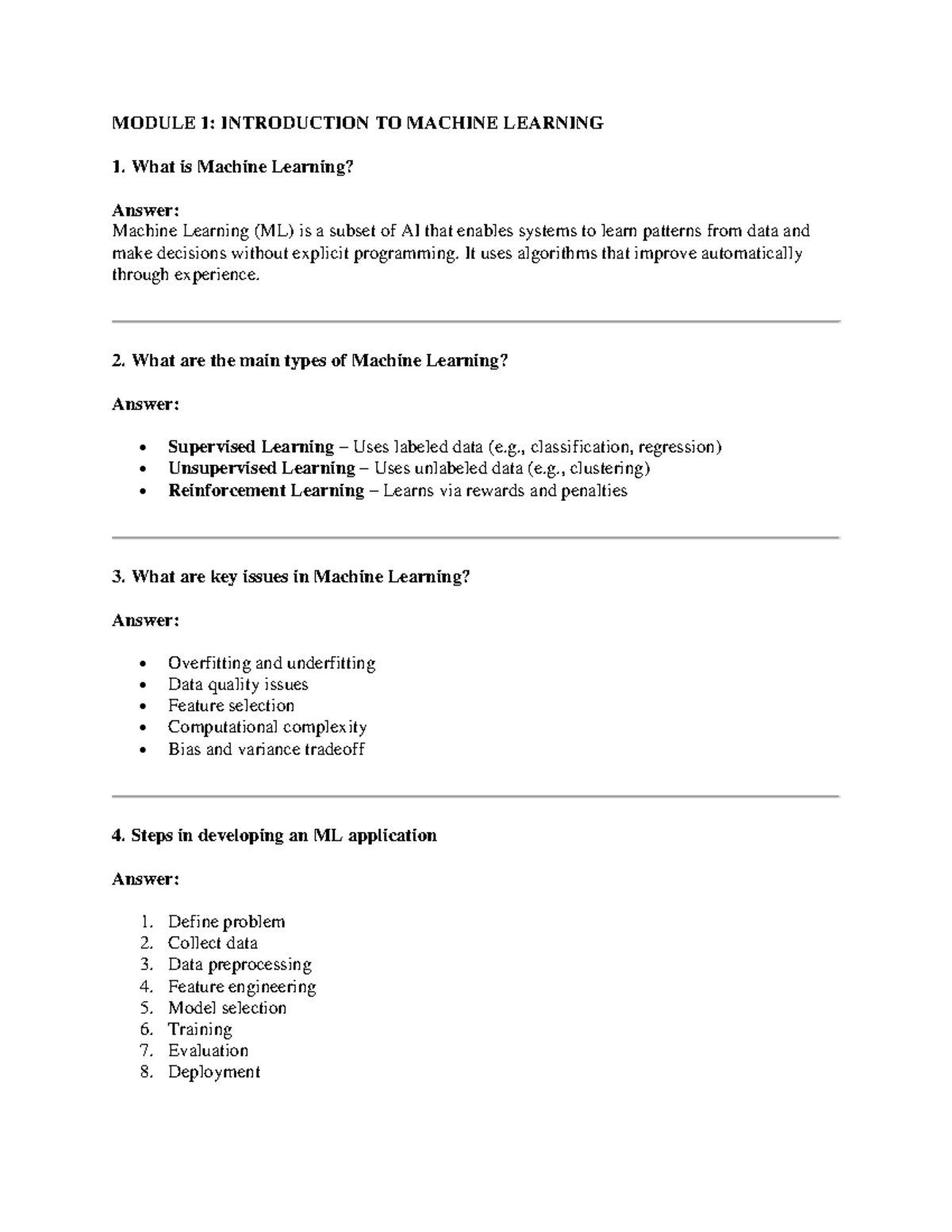 ML VIVA - MODULE 1: INTRODUCTION TO MACHINE LEARNING - Studocu