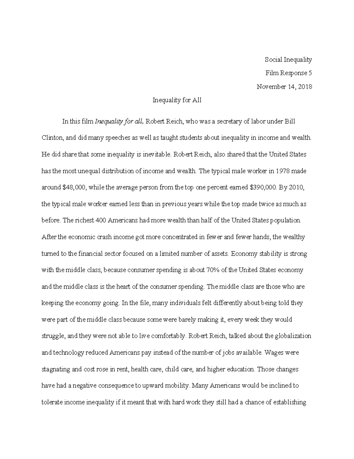 Film Response to "Inequality for All" - SOC 101 Analysis - Studocu