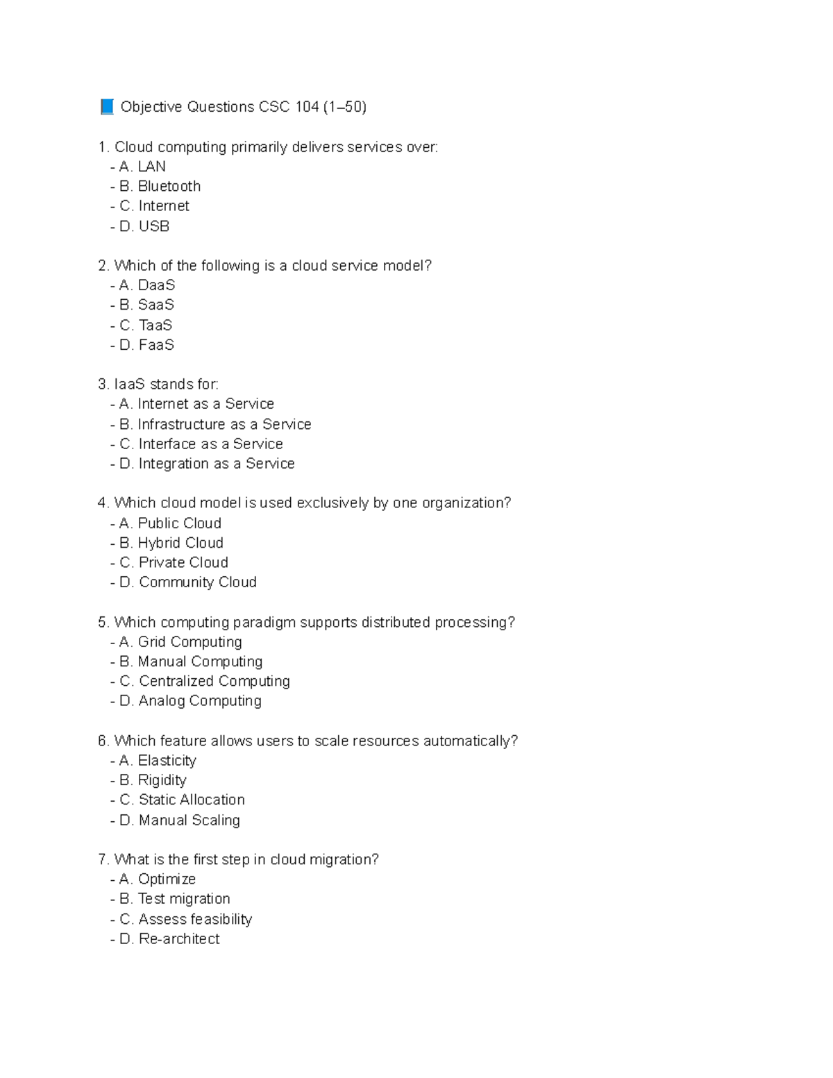 Objective Questions and Answers for CSC 104 by Jeremy X Crealuxe - Studocu