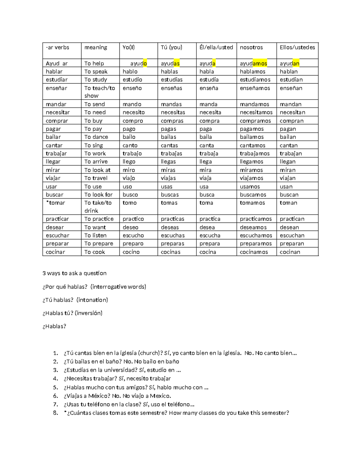 Ar Verbs Meaning and Usage - LNln - Studocu