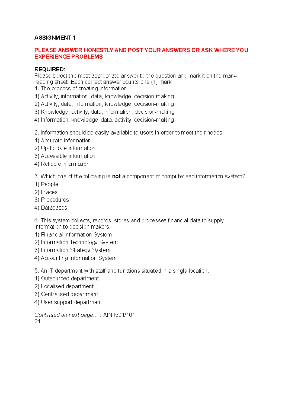 AIN1501 - Assessment 1 Quiz Review and Outcomes (UNISA 2024) - Studocu