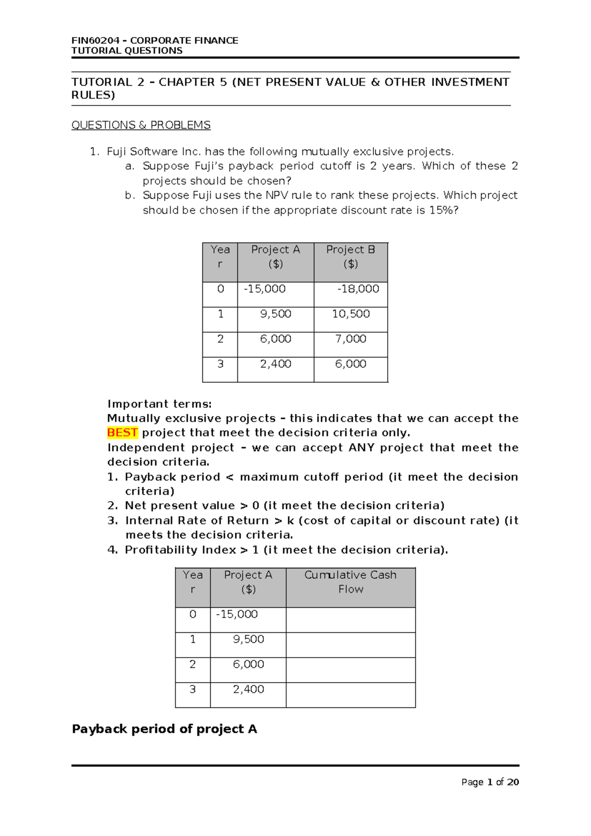 FIN60204 CORPORATE FINANCE TUTORIAL 3 ANSWERS ON NPV & IRR ANALYSIS - Studocu