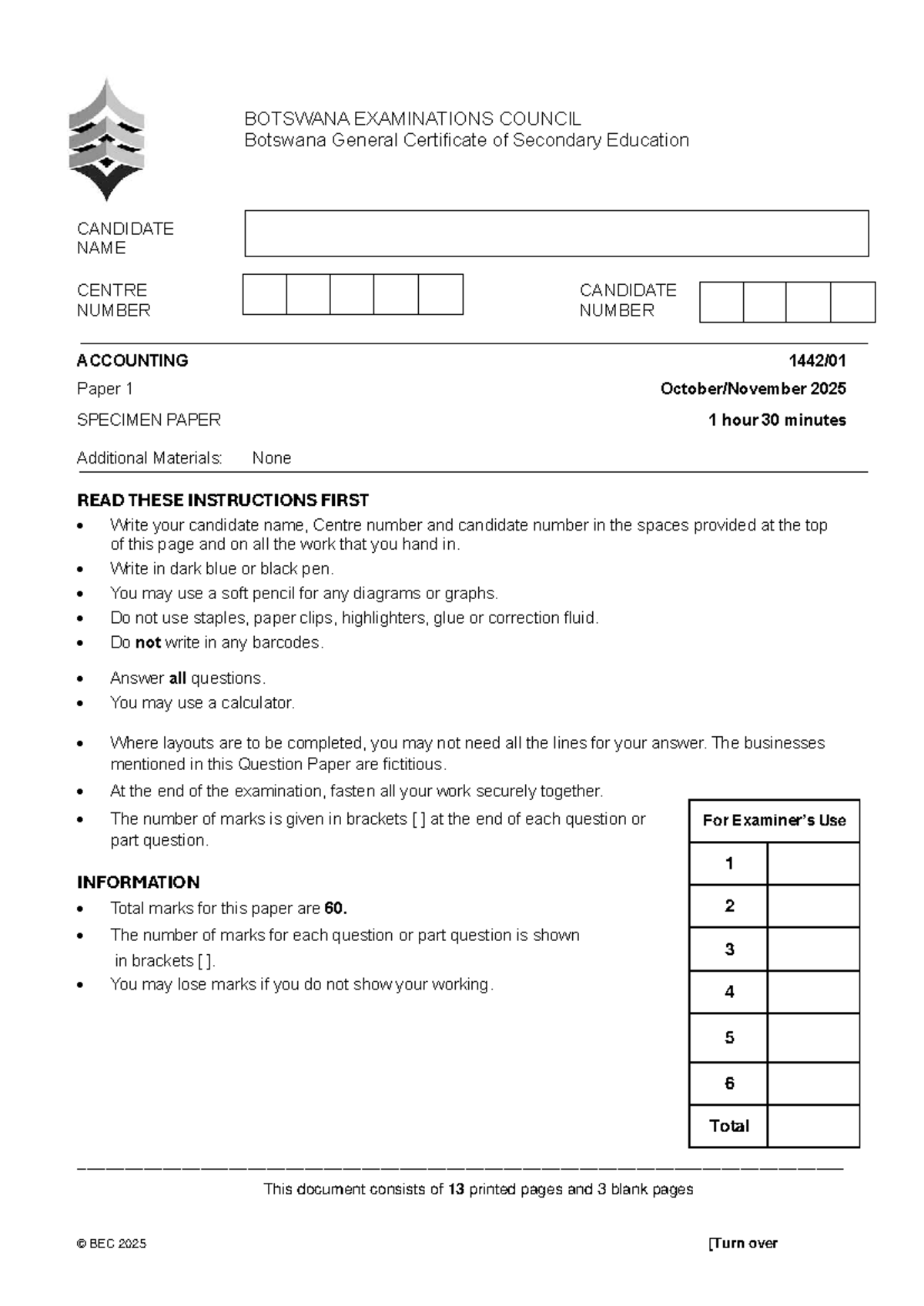 BEC 2025 Accounting Paper 1 Specimen Exam Guide - Studocu