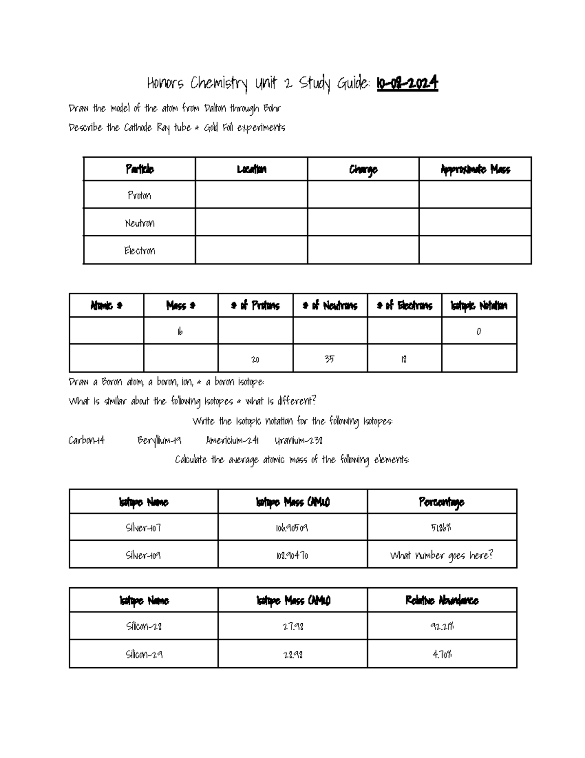 Honors Chemistry Unit 2 Study Guide: Atomic Models and Radioactivity ...