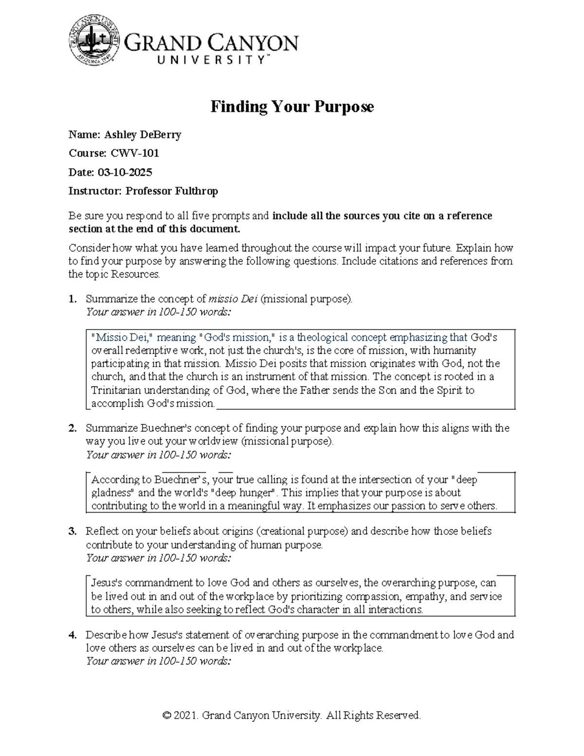 CWV-101 Week 7 Essay: Discovering Your Purpose in Life - Studocu