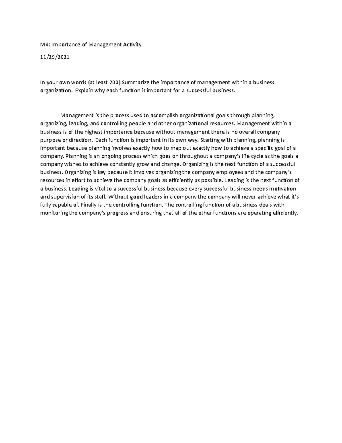 M4: Significance of Management Functions in Business Operations - Studocu