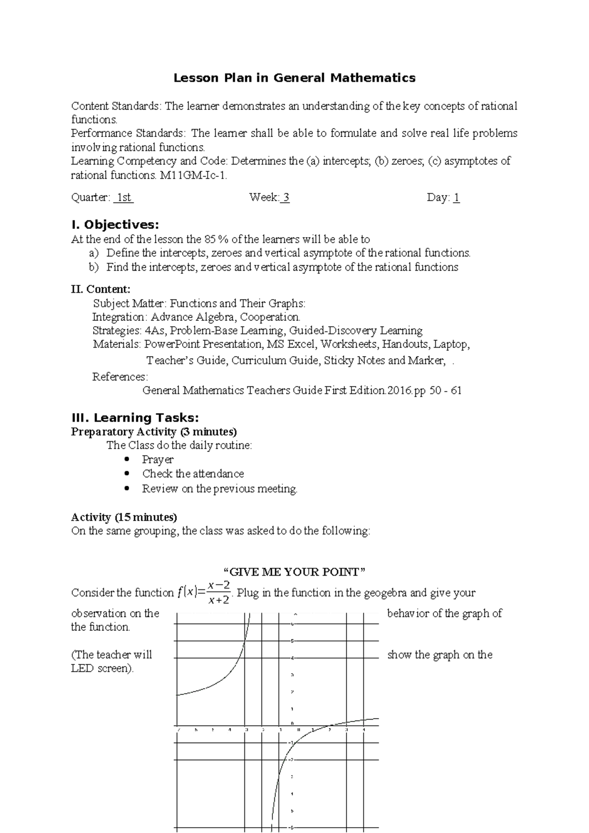 M11GM-Ic-123: Lesson Plan on Rational Functions and Their Graphs - Studocu