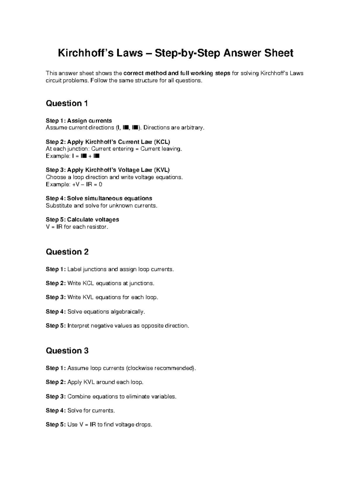 Kirchhoff Laws KCL & KVL Step by Step Answer Sheet - Studocu