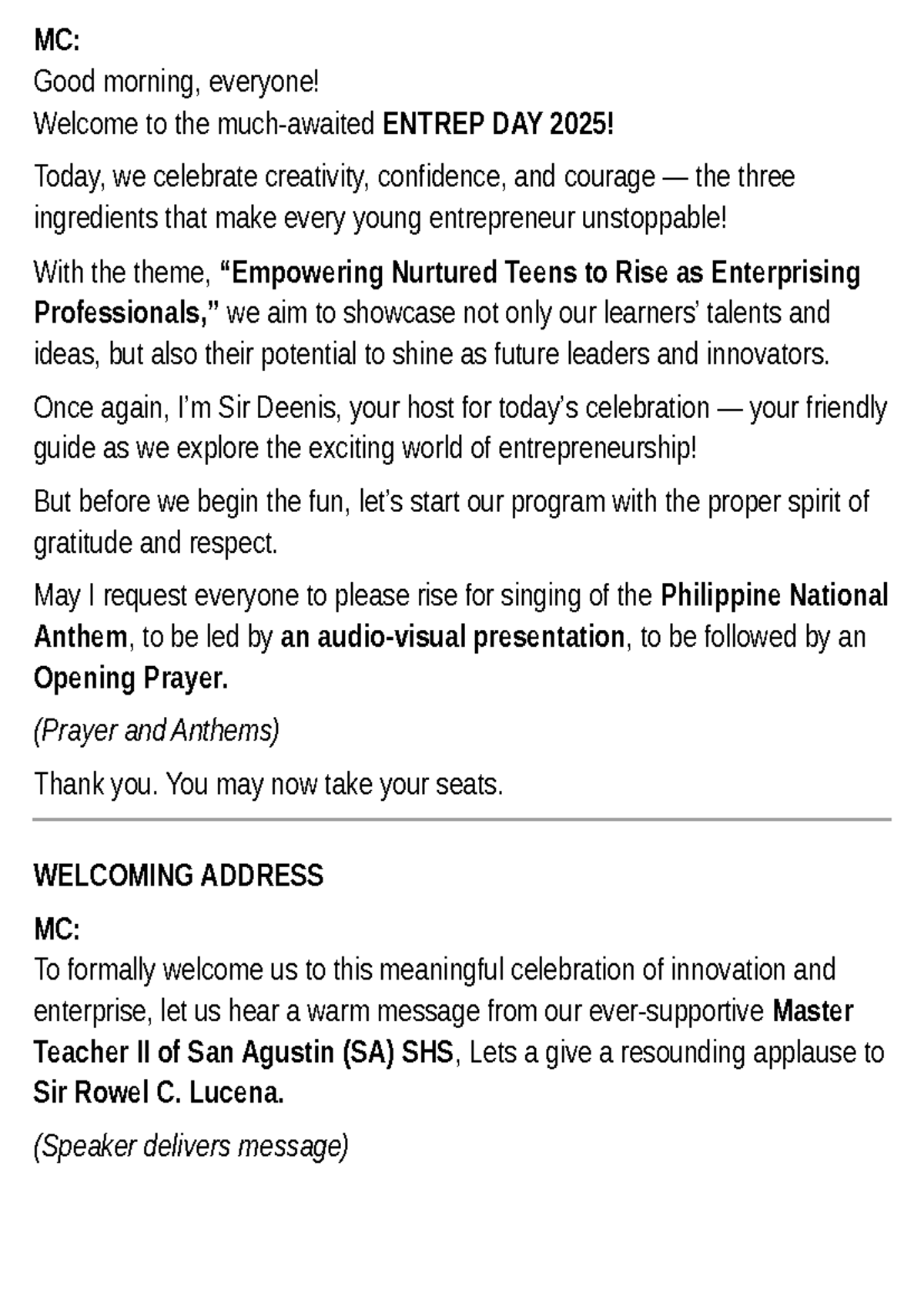 ENTREP 2025: Master of Ceremonies Script for Celebration - Studocu