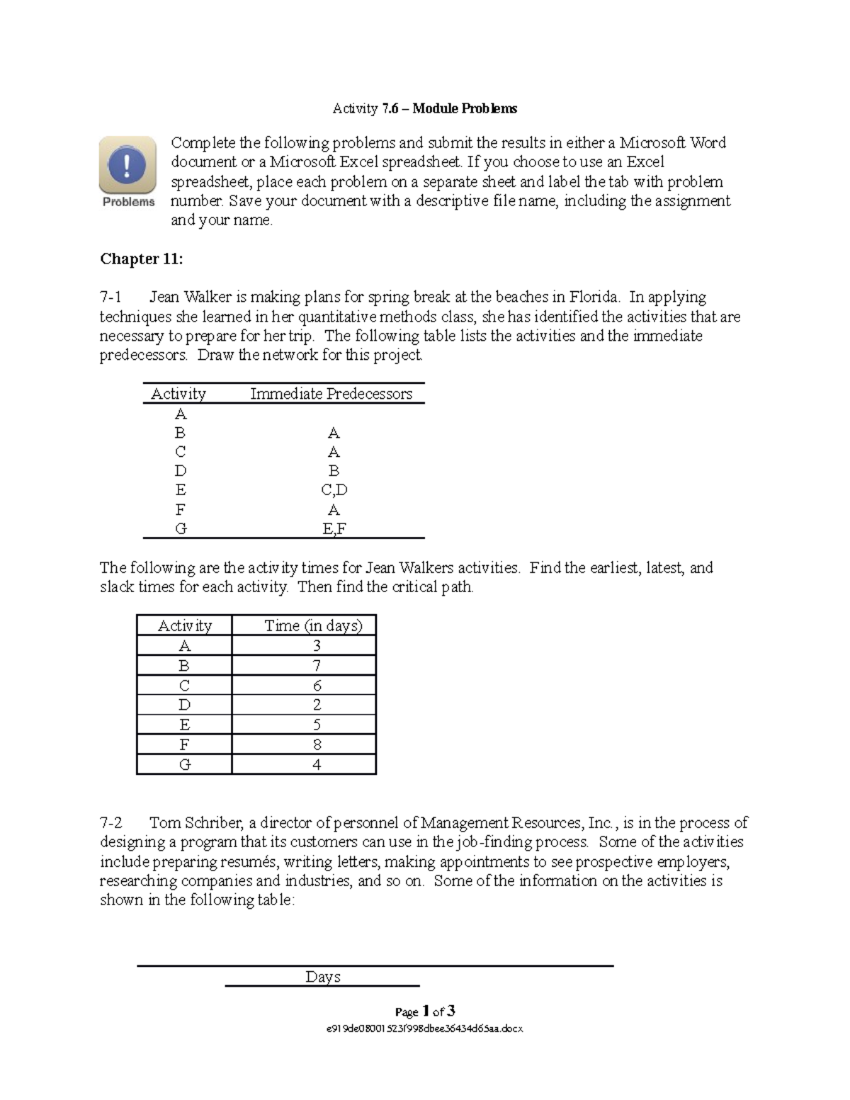 M7 Problems Quiz in Accounting PERT CPM Module 7 BSA - Activity 7 ...