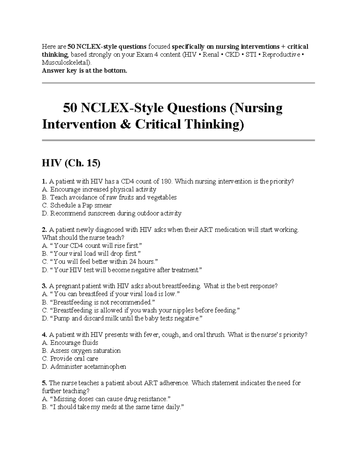 50 NCLEX Exam 4 Questions on Nursing Interventions (HIV, CKD, STI ...
