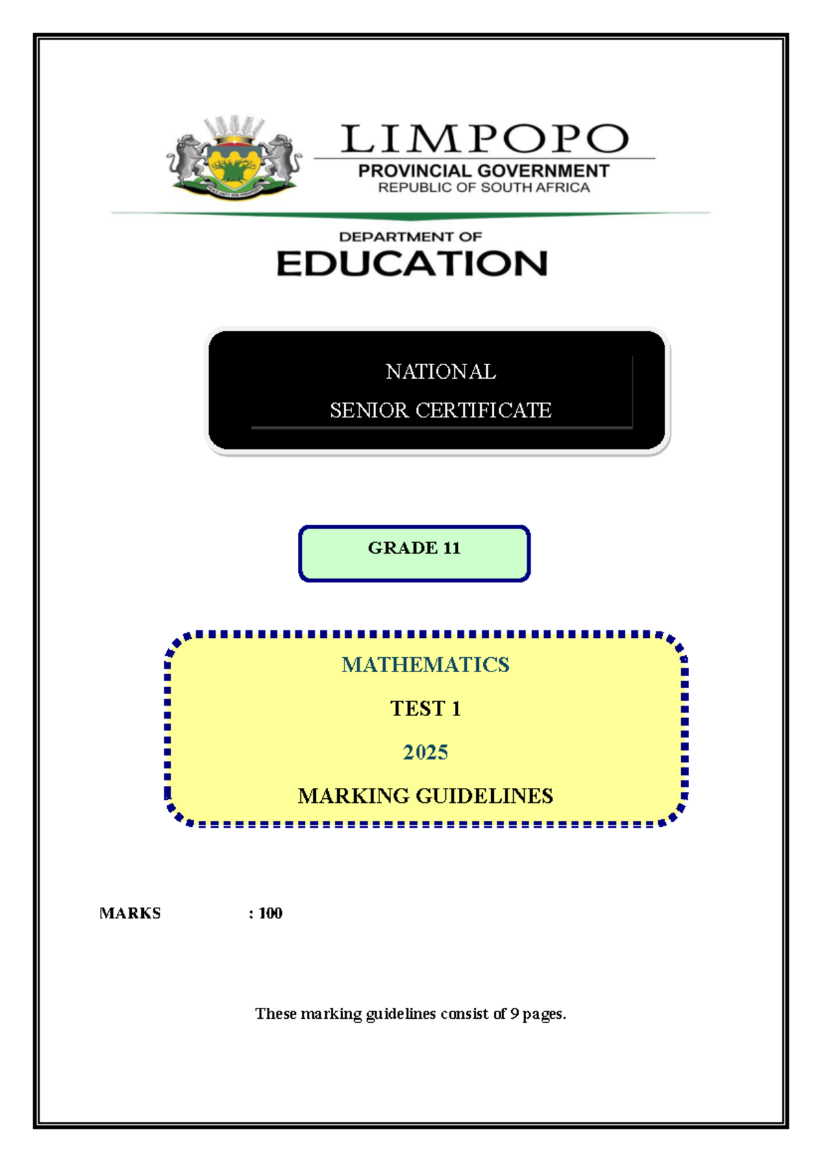 2025 Grade 11 mathematics test 1 marking guidelines and memo - Studocu