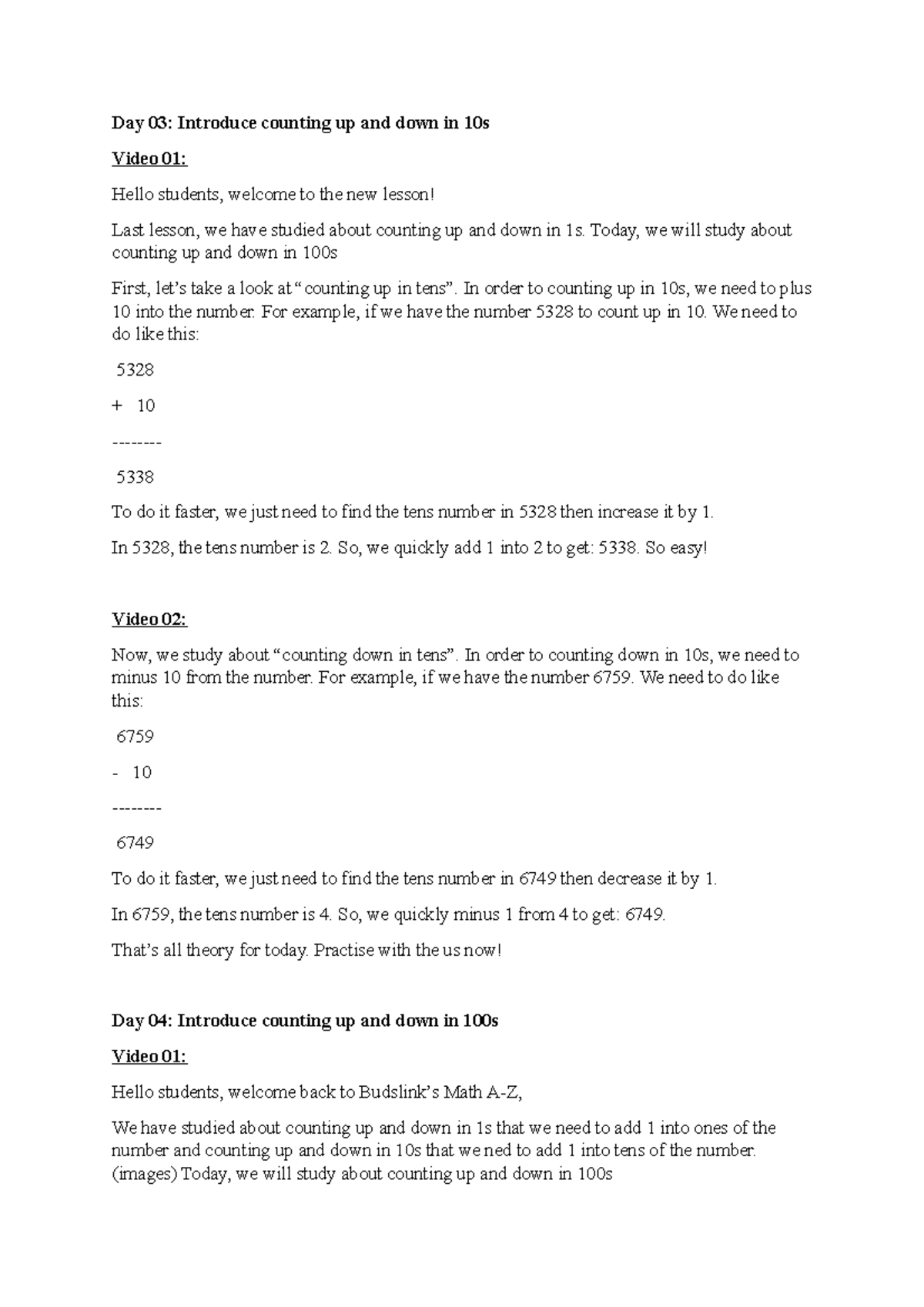 Math a z script for Cam 04 - Day 03: Introduce counting up and down in ...