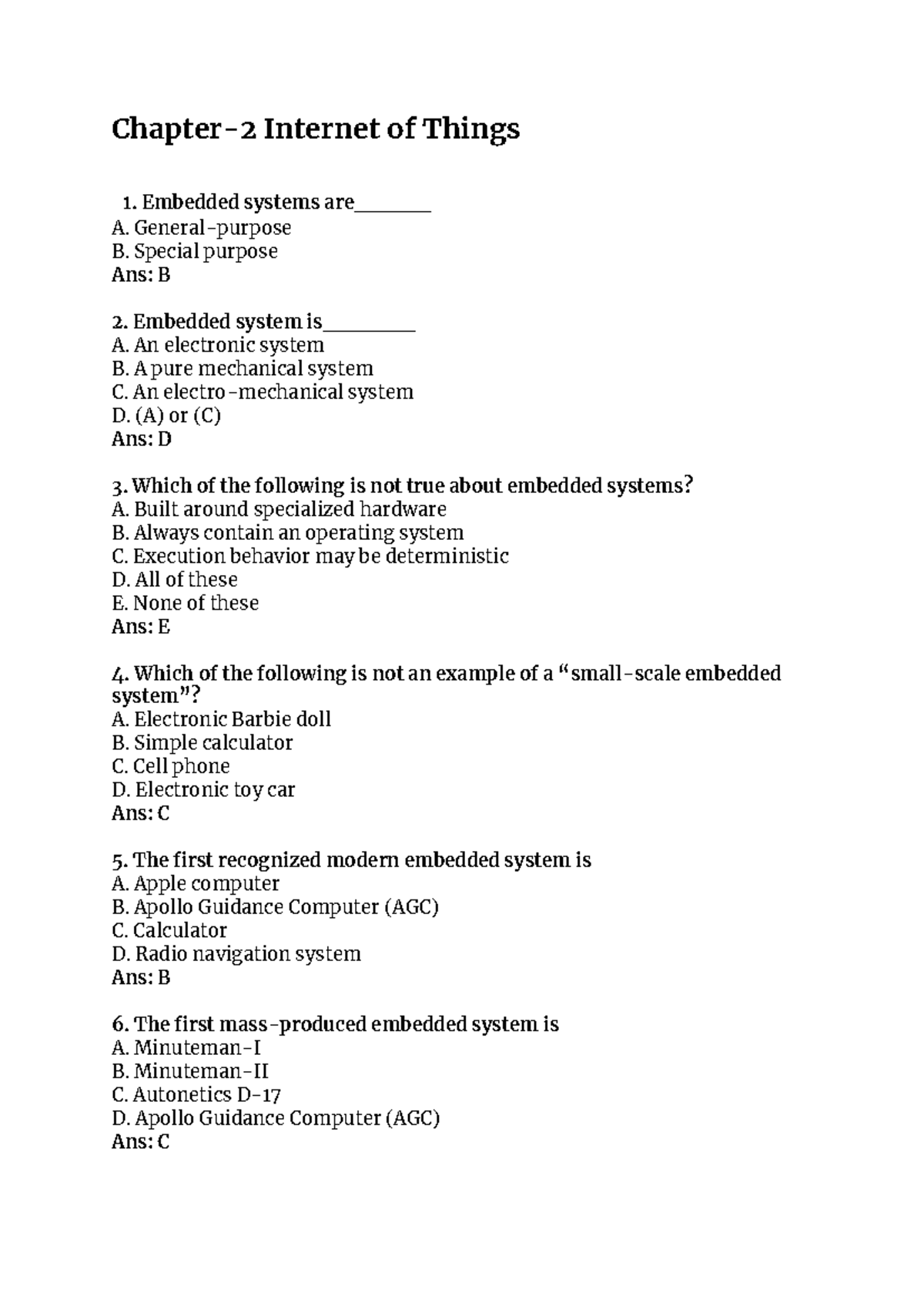 Chapter 2 MCQs - Notes on Internet of Things (IoT) - Studocu