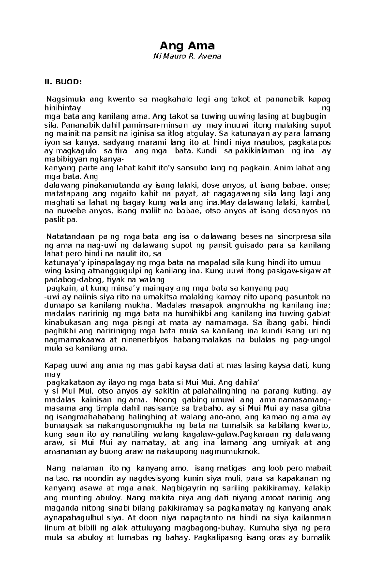 ANG AMA Ni Mauro R. Avena: Isang Pagsusuri at Reaksiyon - Studocu