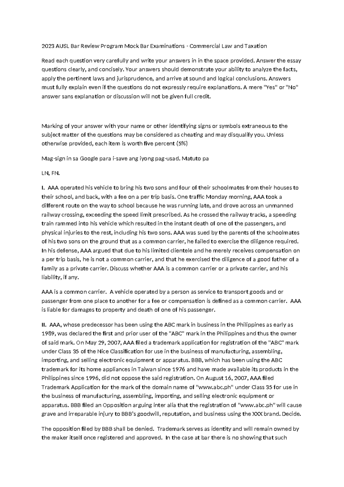 2023 AUSL Bar Review Program: Mock Bar Exam on Commercial Law ...