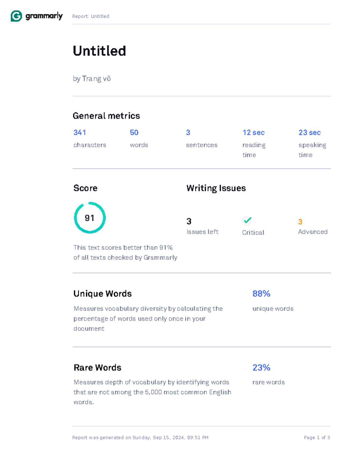 Comparative Sentence Report - Analysis Metrics & Scores - Studocu
