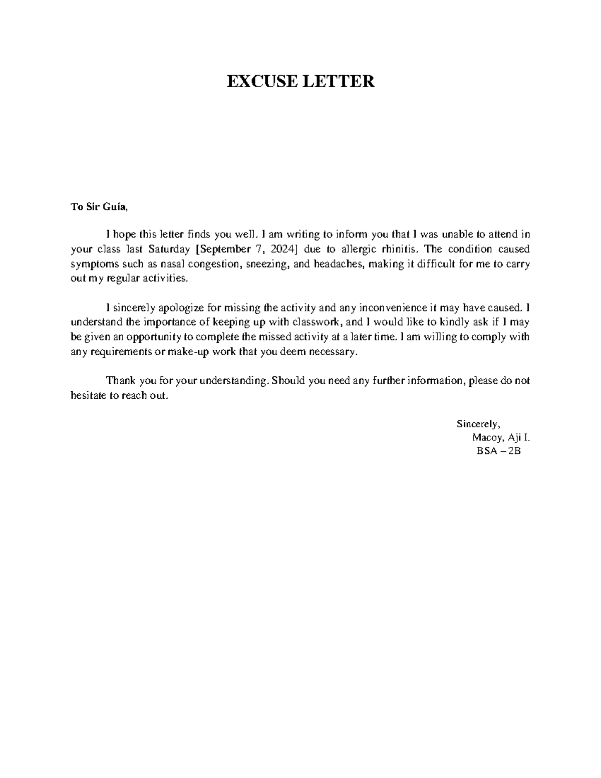 Excuse Letter for Missed Class - VQWV by Aji I. Macoy - Studocu