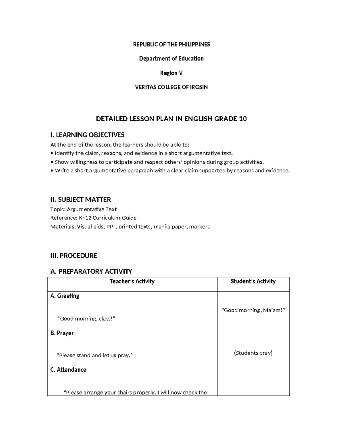 Detailed Lesson Plan in English G10: Argumentative Texts - Studocu