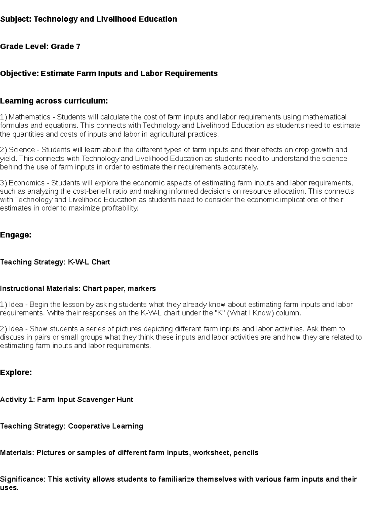 Grade 7 TLE Lesson Plan: Estimating Farm Inputs & Labor - Studocu